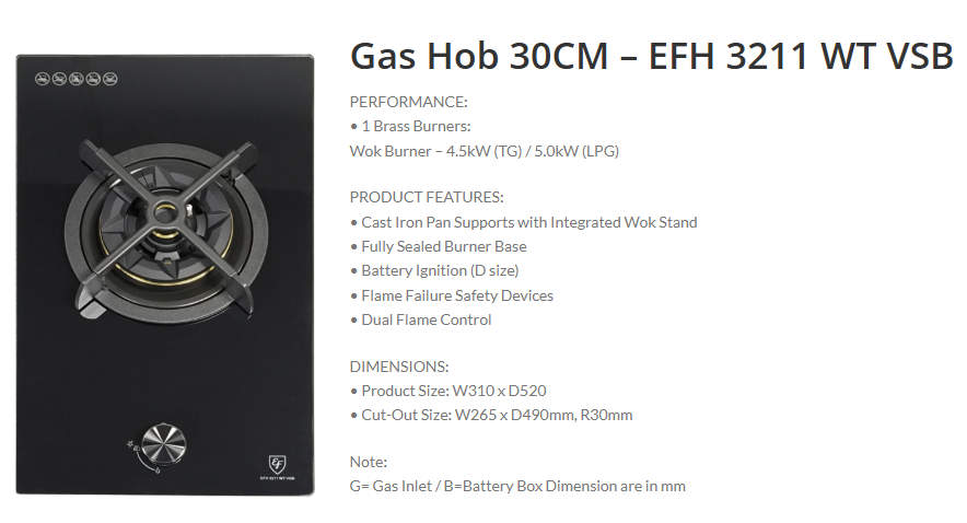 EF EFH 3211 WT VGB 31CM 1 BURNER BLACK TEMPERED GLASS BUILT IN GAS HOB ...