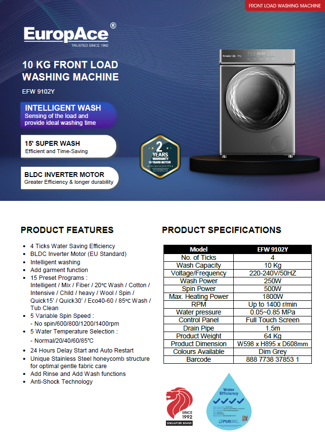 EUROPACE EFW 9102Y 10KG BLDC INVERTER FRONT LOAD WASHING MACHINE | Asia ...