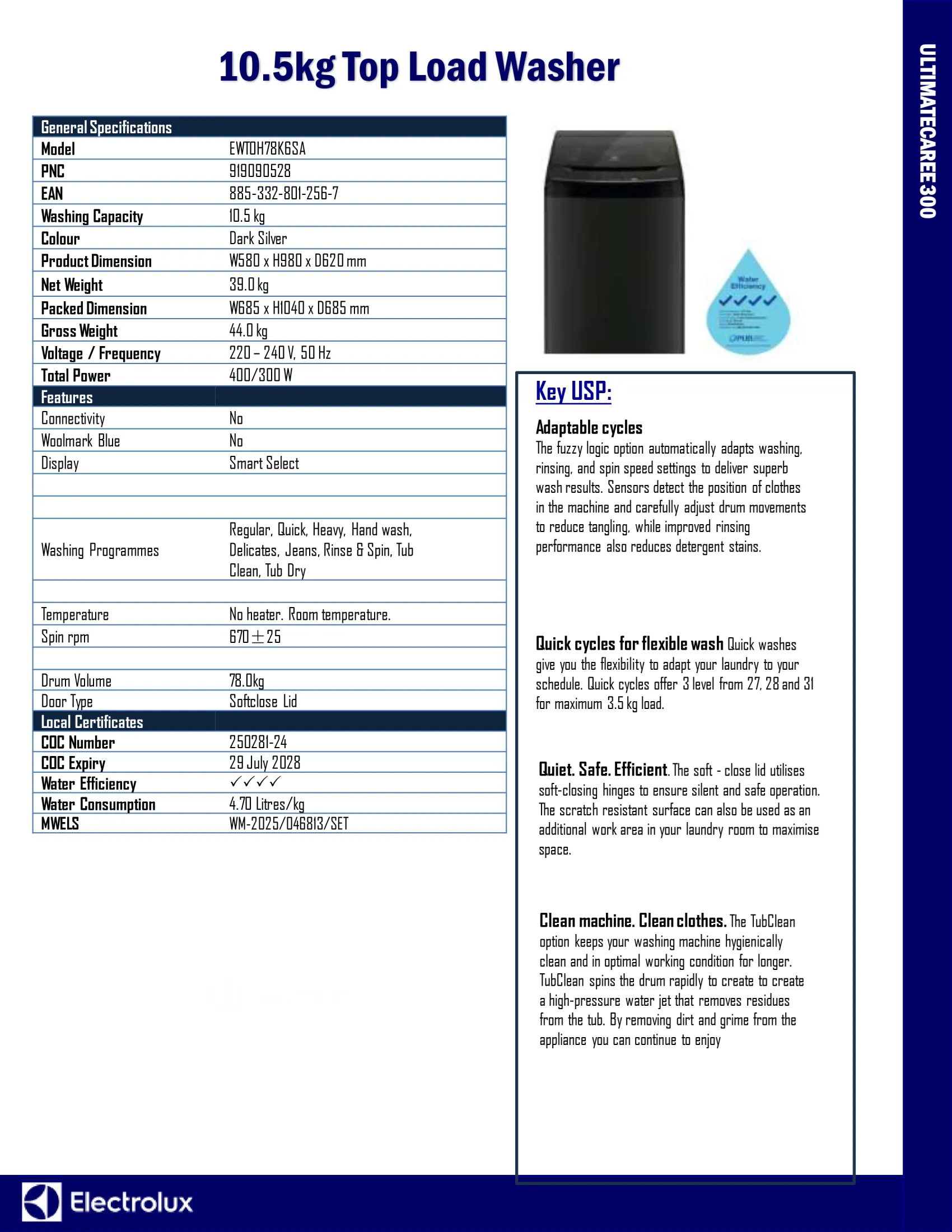 ELECTROLUX EWT0H78K6SA 10.5KG 4 TICK ELITECARE 300 TOP LOAD WASHING ...