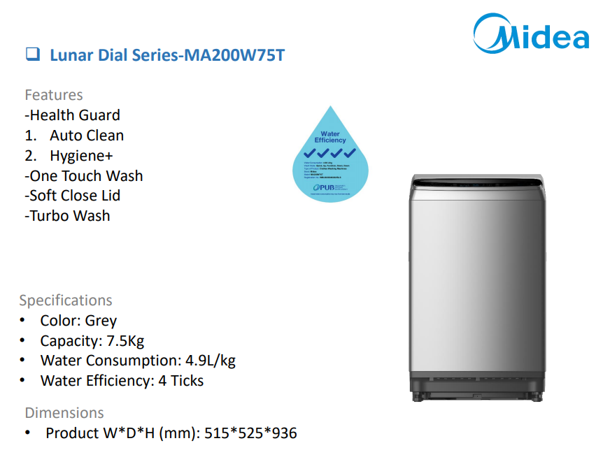 MIDEA MA200W75T 7.5KG 4 TICK GREY TOP LOAD WASHING MACHINE | Asia Excel