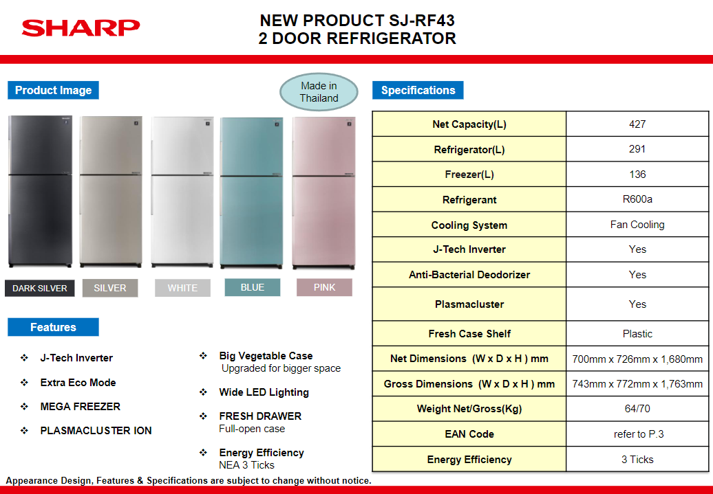 SHARP SJ-RF43E 427L DARK SILVER / SILVER / WHITE / BLUE / PINK J-TECH ...