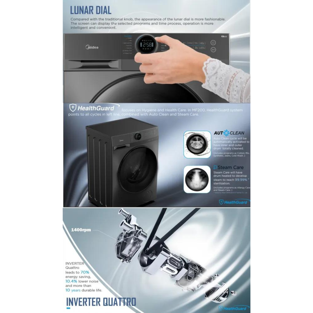 MIDEA MF200D100WB 10/7KG DARK GREY FRONT LOAD 2 IN 1 WASHER CUM DRYER