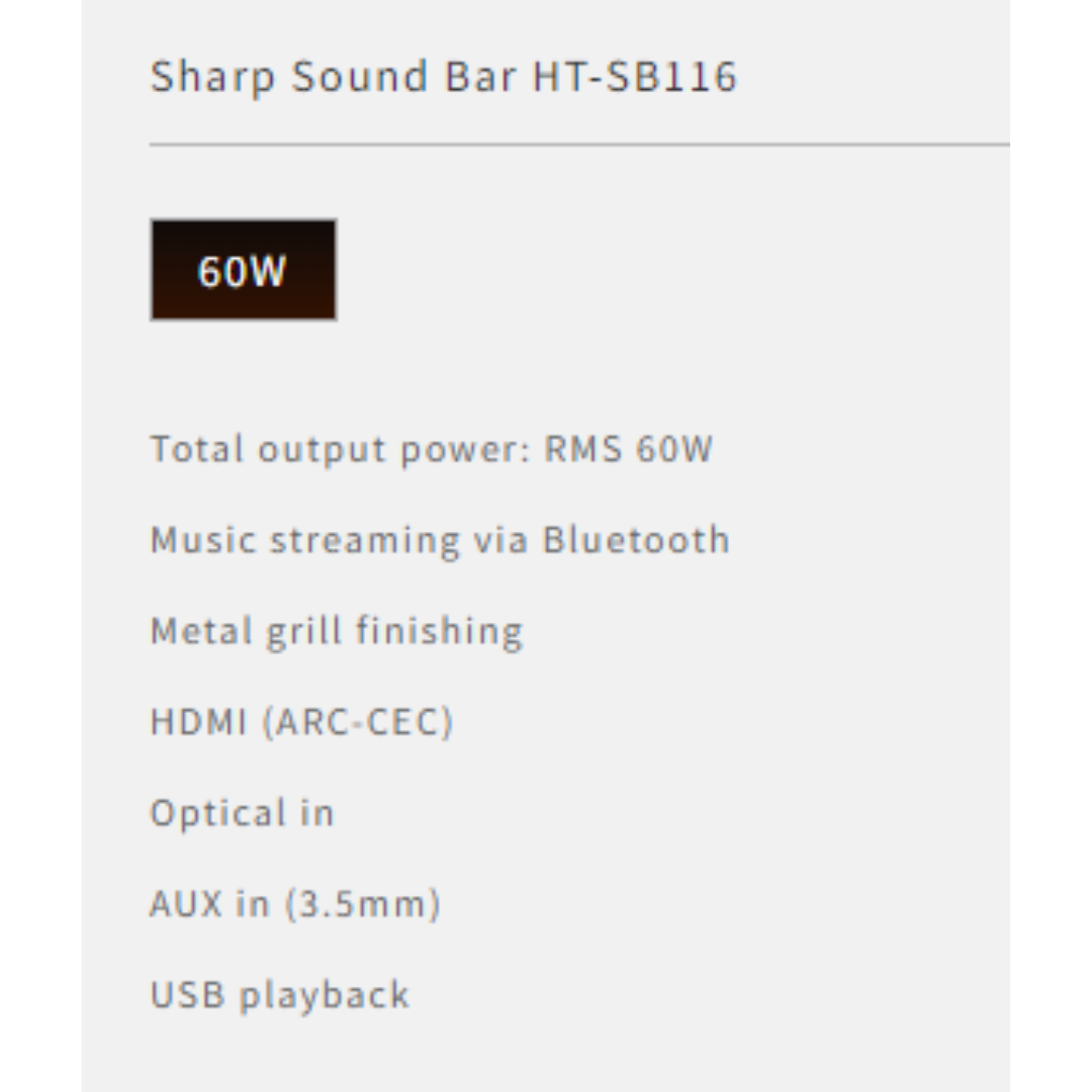 SHARP HT-SB116 BLACK SOUND BAR | Asia Excel