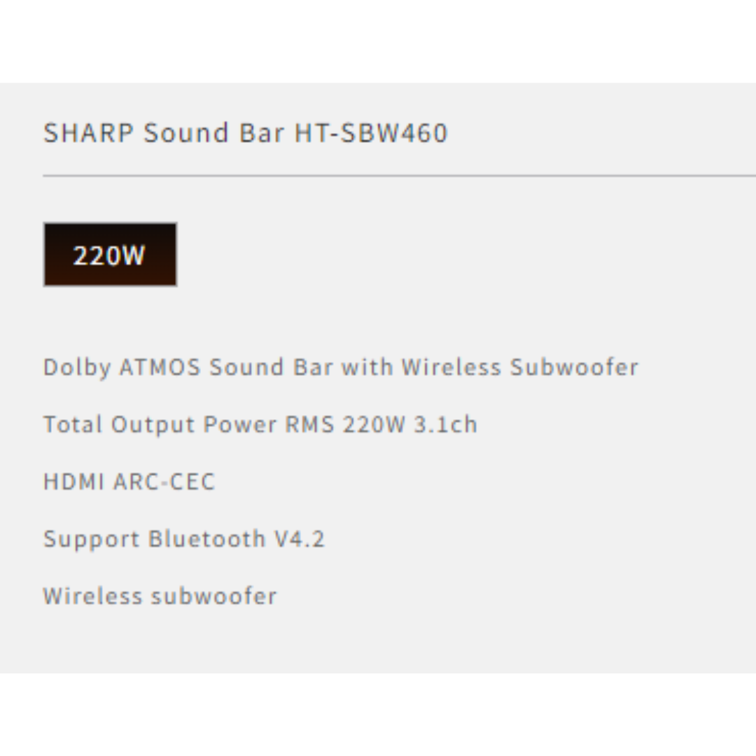 SHARP HT-SBW460 BLACK SOUND BAR | Asia Excel
