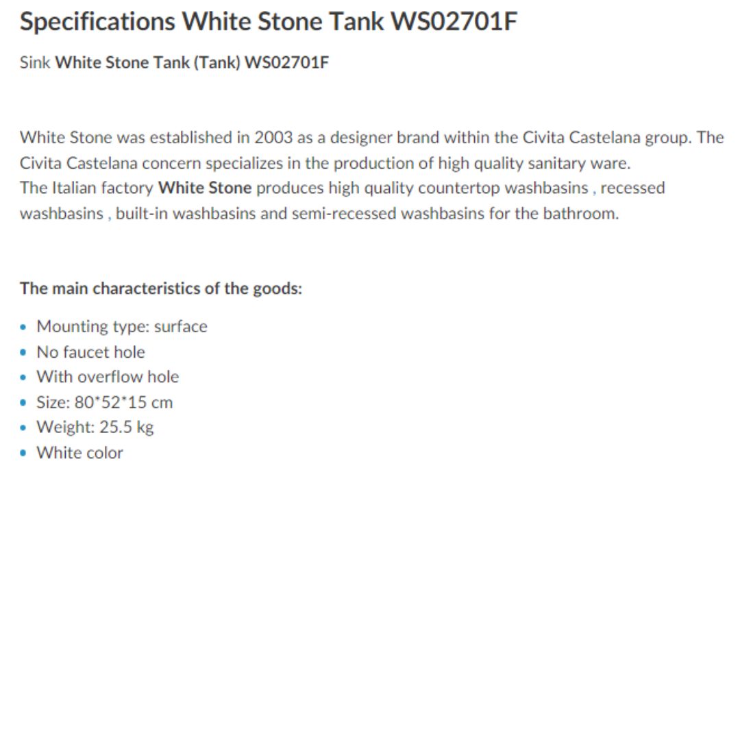 WHITESTONE WS02701F TANK 80CM CERAMIC VESSEL BATHROOM BASIN | Asia Excel