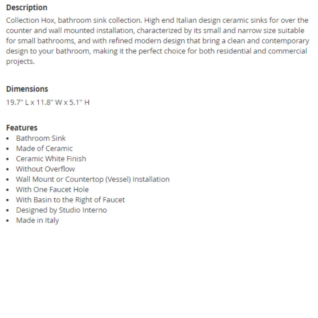 WHITESTONE WS08601F HOX MEDIUM 50CM CERAMIC BATHROOM BASIN RIGHT | Asia ...