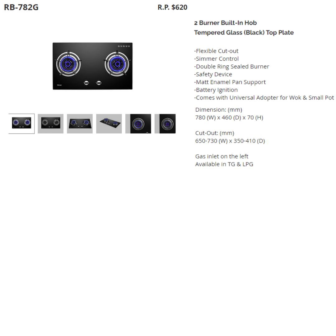 RINNAI RB-782G FLEXIHOB 78CM 2 BURNER GLASS BUILT-IN GAS HOB