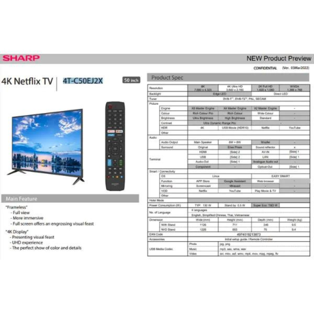 SHARP 4T-C50EJ2X 50 INCH FRAMELESS 4K ULTRA HD SMART TV | Asia Excel