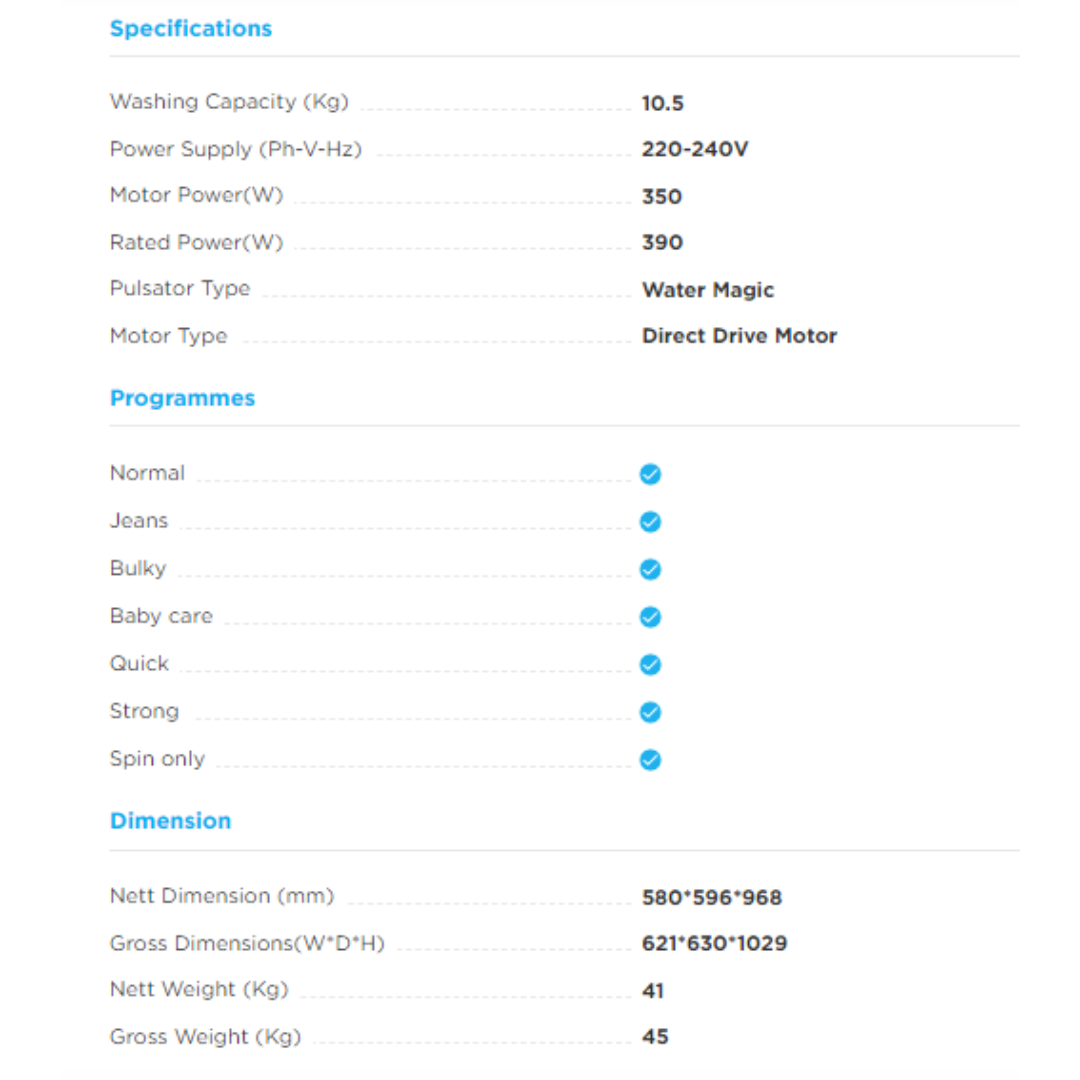 MIDEA MA200W105D 10.5KG TOP LOAD INVERTER WASHING MACHINE