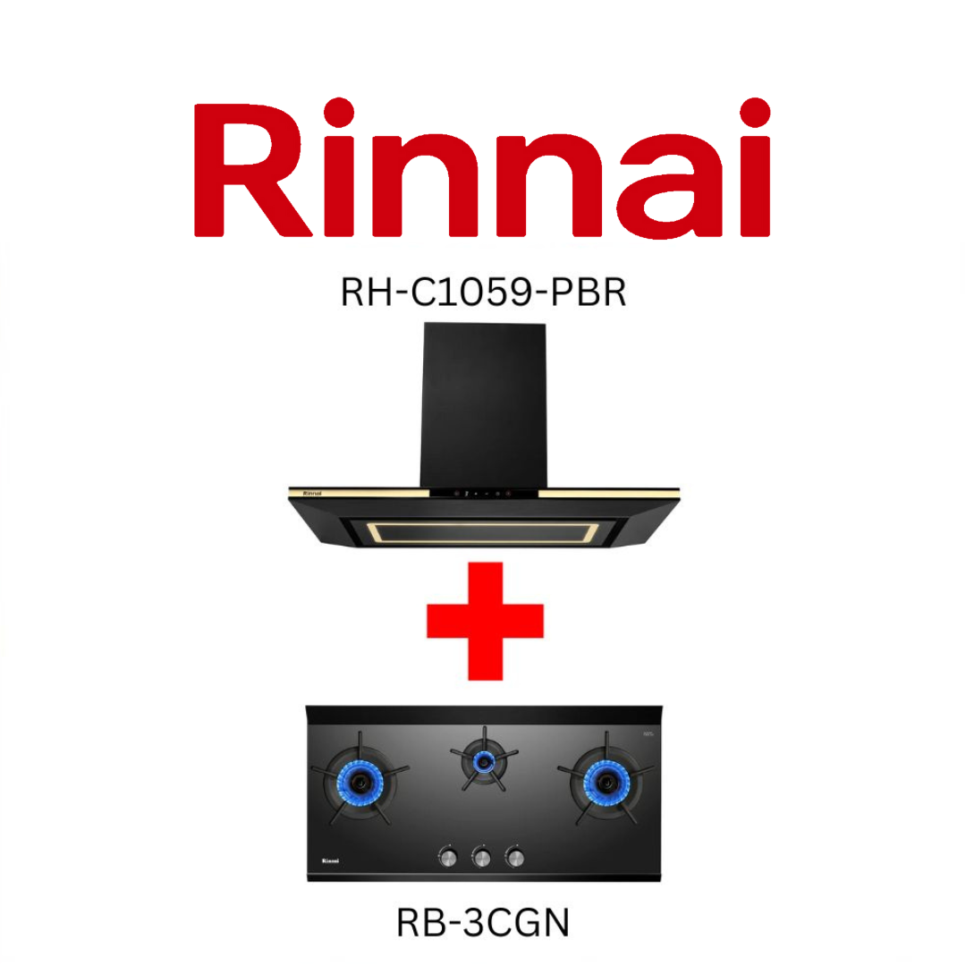 RINNAI RH-C1059-PBR 90CM CHIMNEY HOOD + RINNAI RB-3CGN 3 BURNER INNER FLAME BUILT-IN GAS HOB