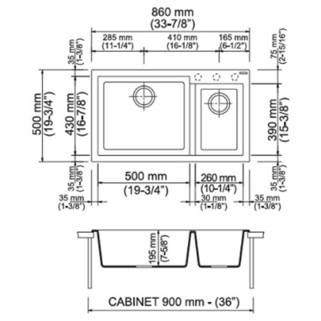 GEO CERAM GC-ON8620 BLACK/TITANIUM/WHITE DOUBLE BOWL TOP MOUNT GRANITE ...