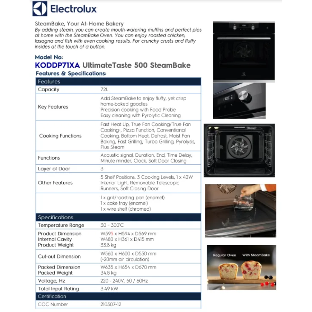 ELECTROLUX KODDP71XA 72L ULTIMATETASTE 500 STEAMBAKE BUILT-IN OVEN | Asia Excel
