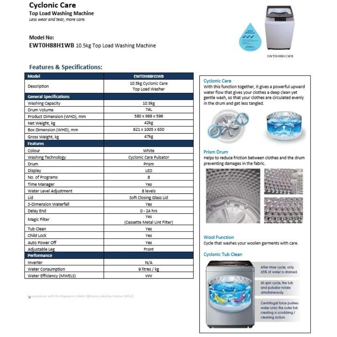 ELECTROLUX EWT0H88H1WB 10.5KG ELITECARE 300 TOP LOAD WASHING MACHINE ...