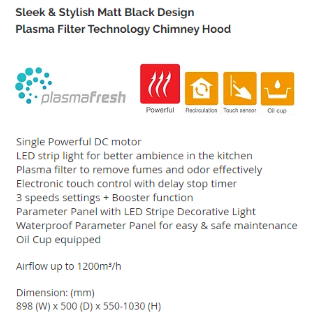 RINNAI RH-C1059-PBR 90CM PLASMAFRESH BLACK CHIMNEY HOOD