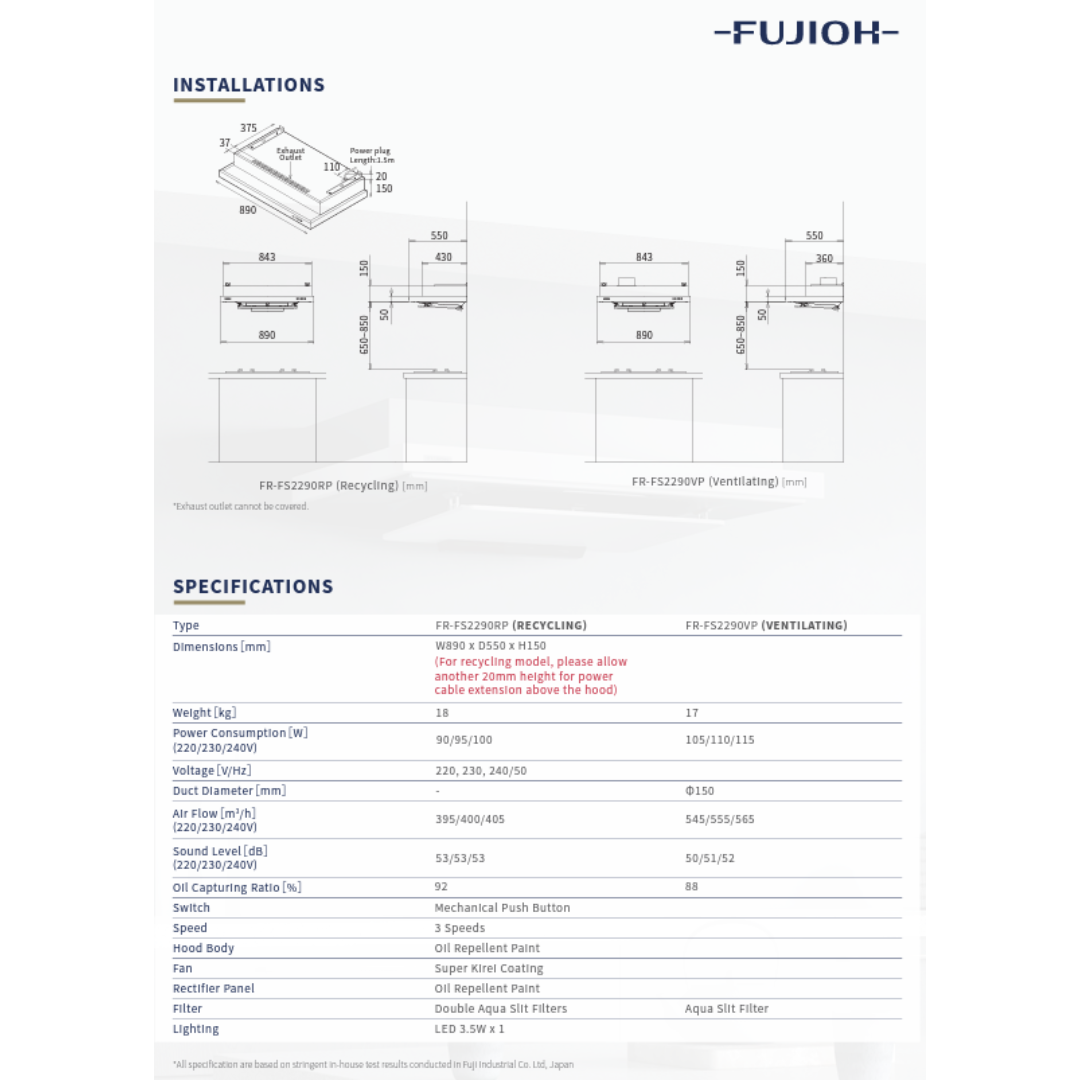 FUJIOH FR-FS2290 90CM MADE IN JAPAN SLIMLINE COOKER HOOD | Asia Excel