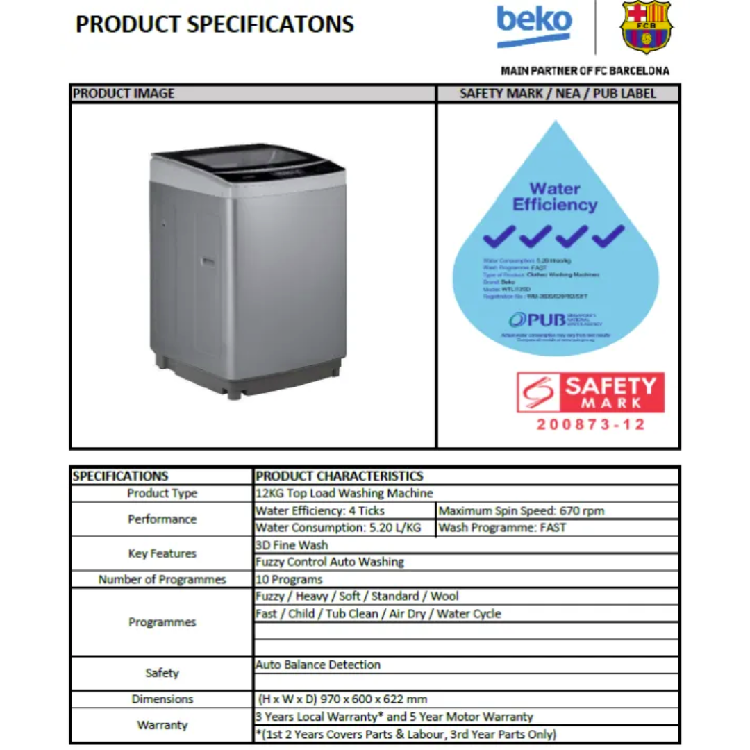 BEKO WTLI120D 12KG SILVER TOP LOAD WASHING MACHINE | Asia Excel