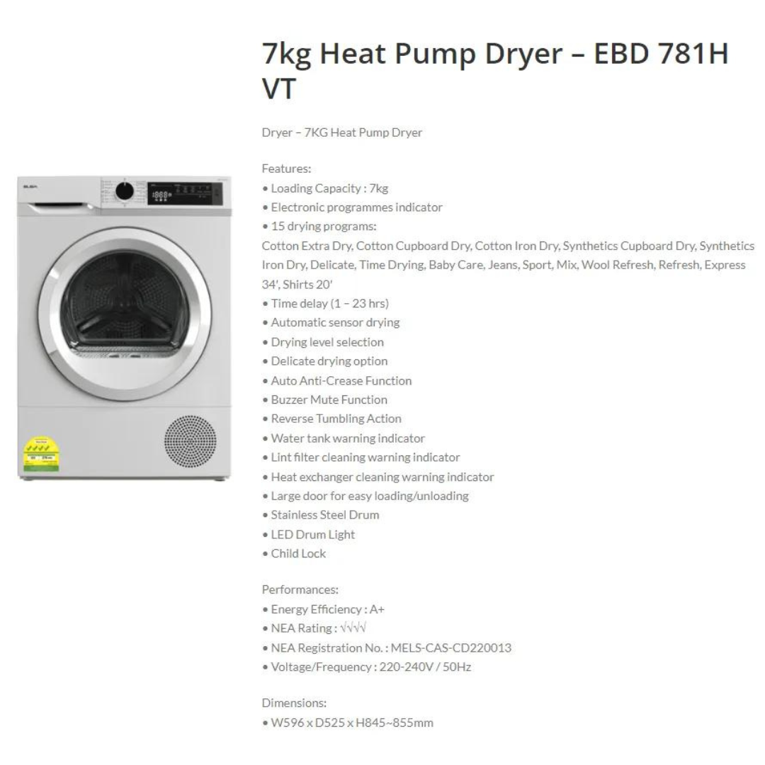 ELBA EBD 781H VT (EBD781HVT) 7KG WHITE FRONT LOAD HEAT PUMP DRYER ...