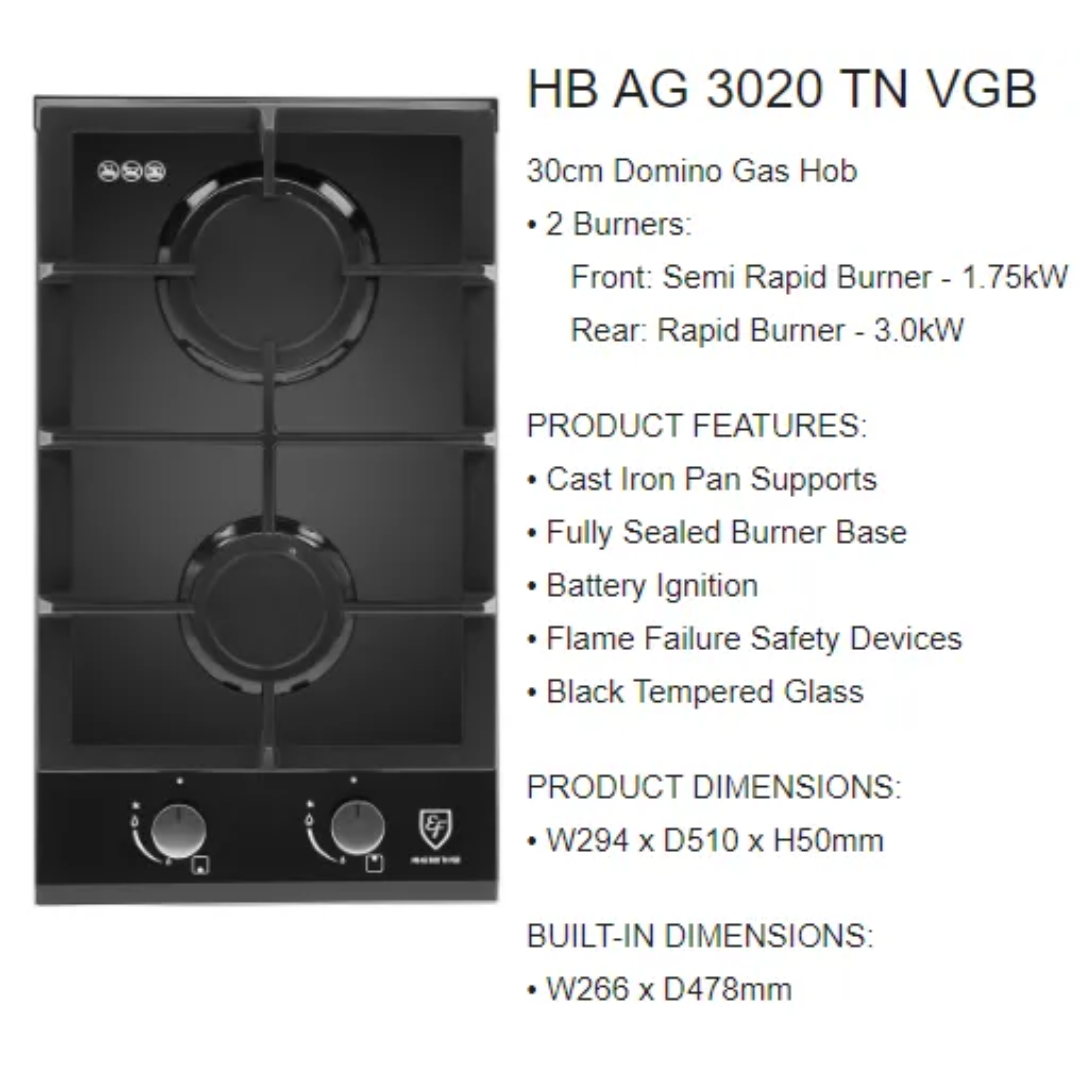 EF HB AG 3020 TN VGB 2 BURNER BLACK TEMPERED GLASS GAS HOB | Asia Excel