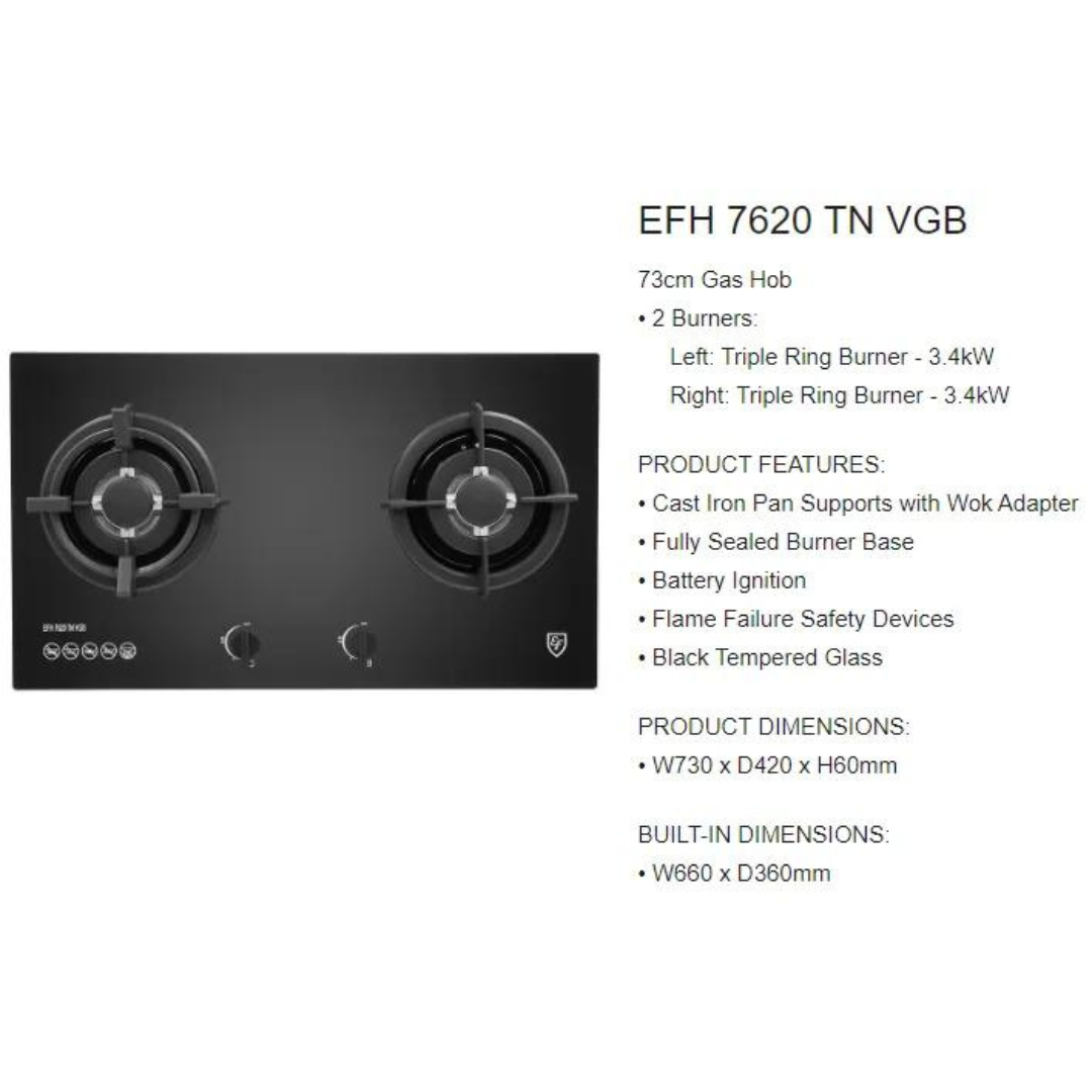 EF EFH 7620 TN VGB 2 BURNER BLACK TEMPERED GLASS GAS HOB | Asia Excel