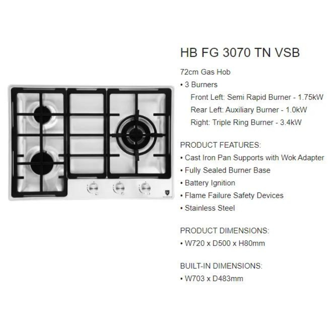 EF HB FG 3070 TN VSB 3 BURNER STAINLESS STEEL GAS HOB | Asia Excel