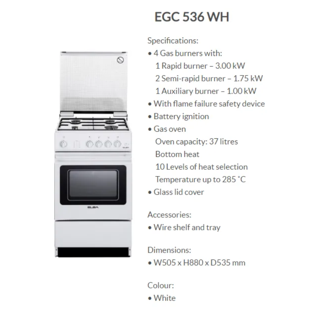 ELBA EGC 536 WH FREE STANDING COOKER (4 GAS BURNER/37L OVEN) | Asia Excel