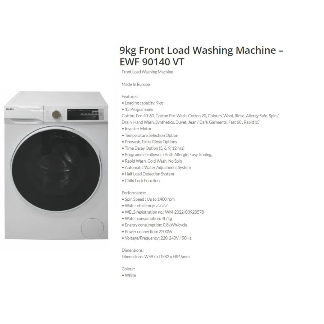 ELBA EWF 90140 VT 9KG WHITE FRONT LOAD INVERTER WASHING MACHINE | Asia ...