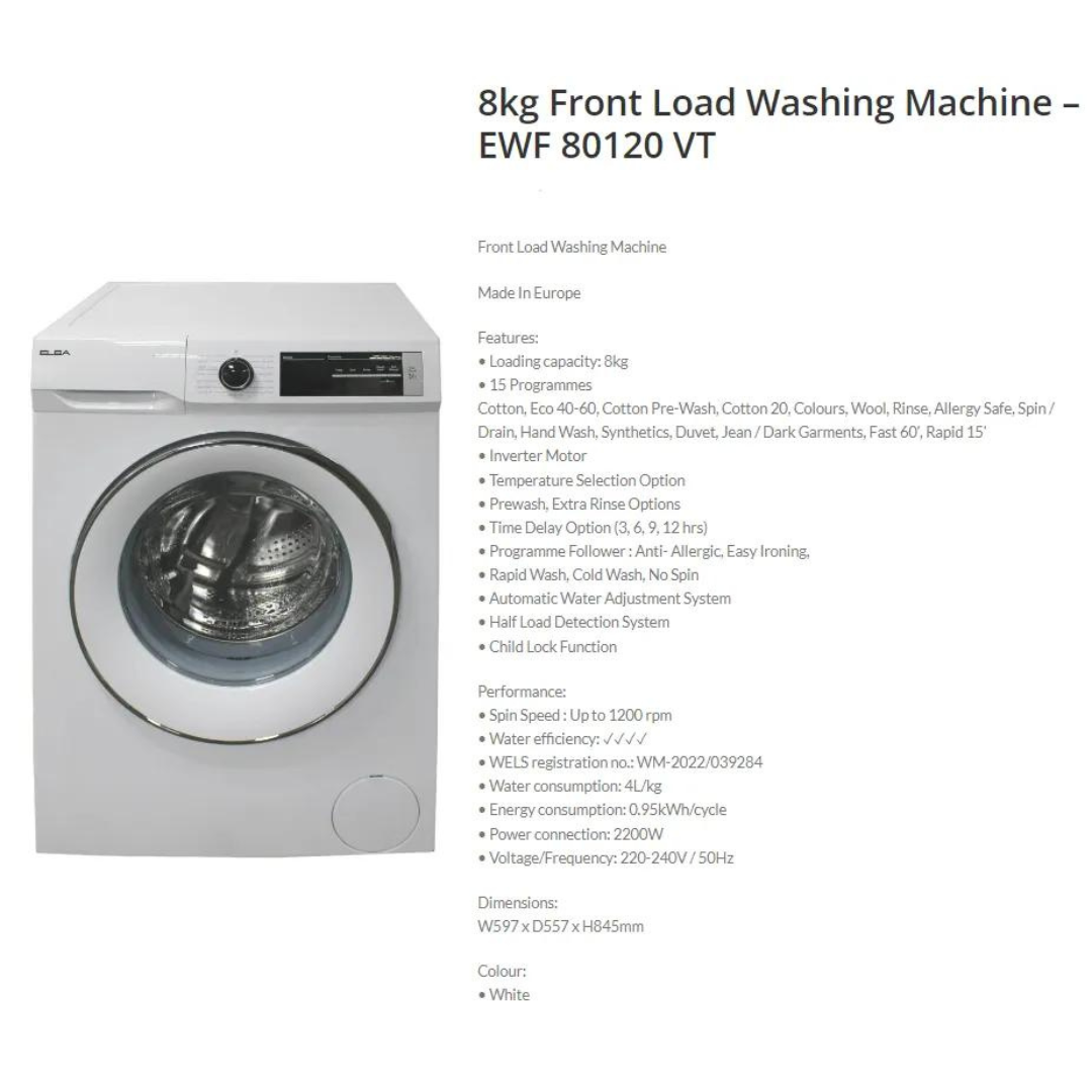 ELBA EWF 80120 VT 8KG WHITE FRONT LOAD INVERTER WASHING MACHINE | Asia ...