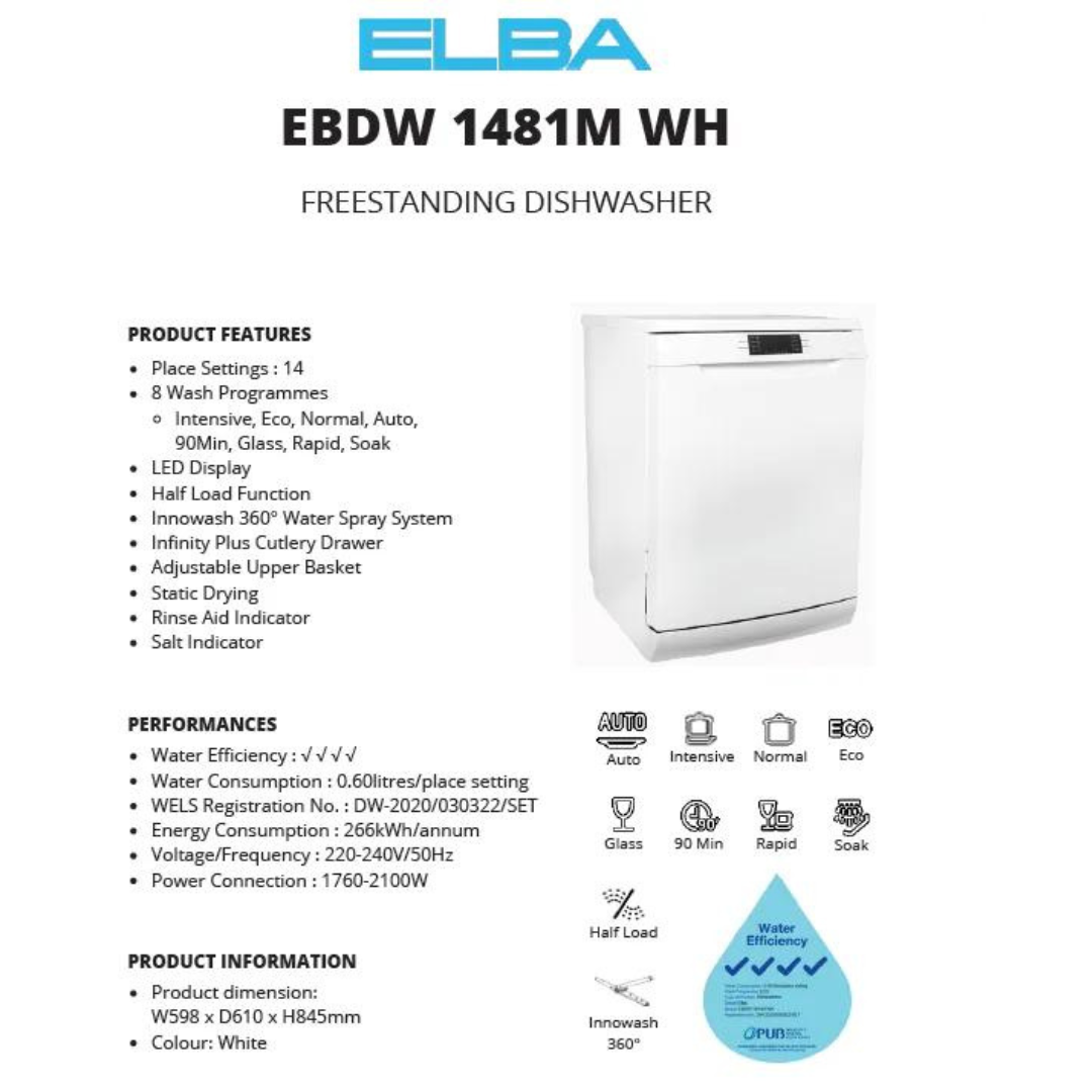 ELBA EBDW 1481M WH 14 PLACE SETTINGS FREE STANDING DISHWASHER | Asia Excel