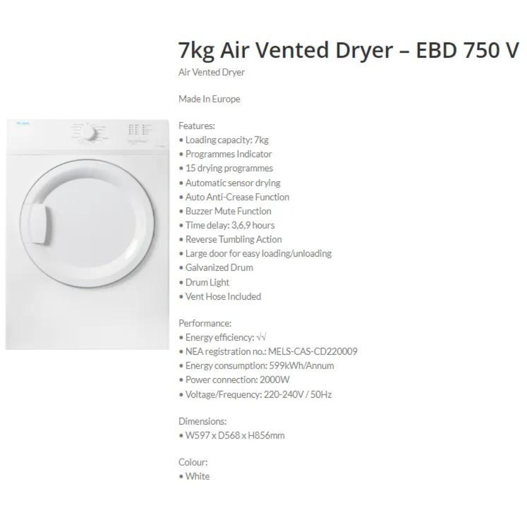 ELBA EBD 750 V (EBD750V) 7KG FRONT LOAD AIR VENTED DRYER | Asia Excel