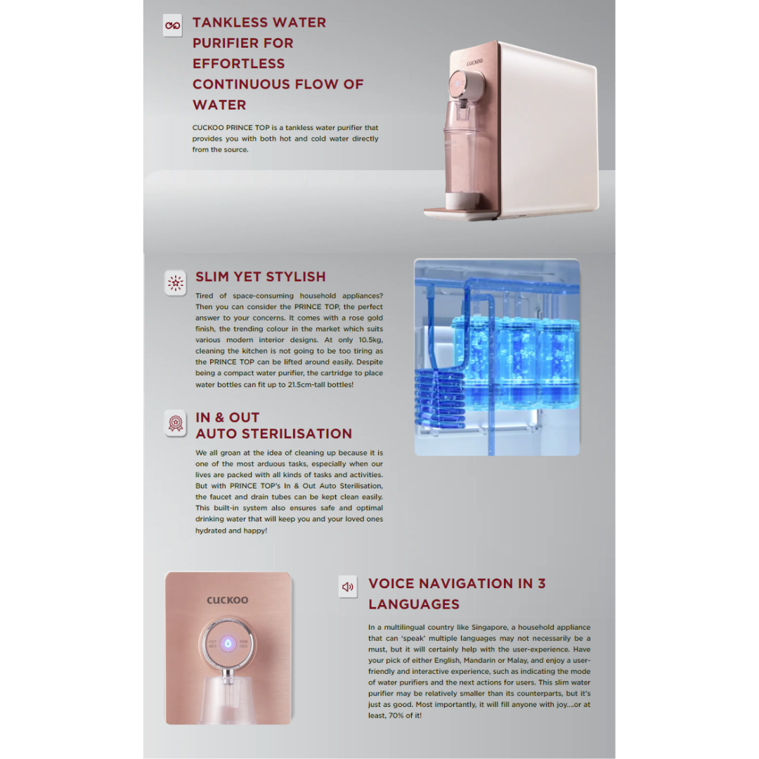 CUCKOO CP-PN011G PRINCE TOP ROSE GOLD SLIM TANKLESS WATER PURIFIER ...