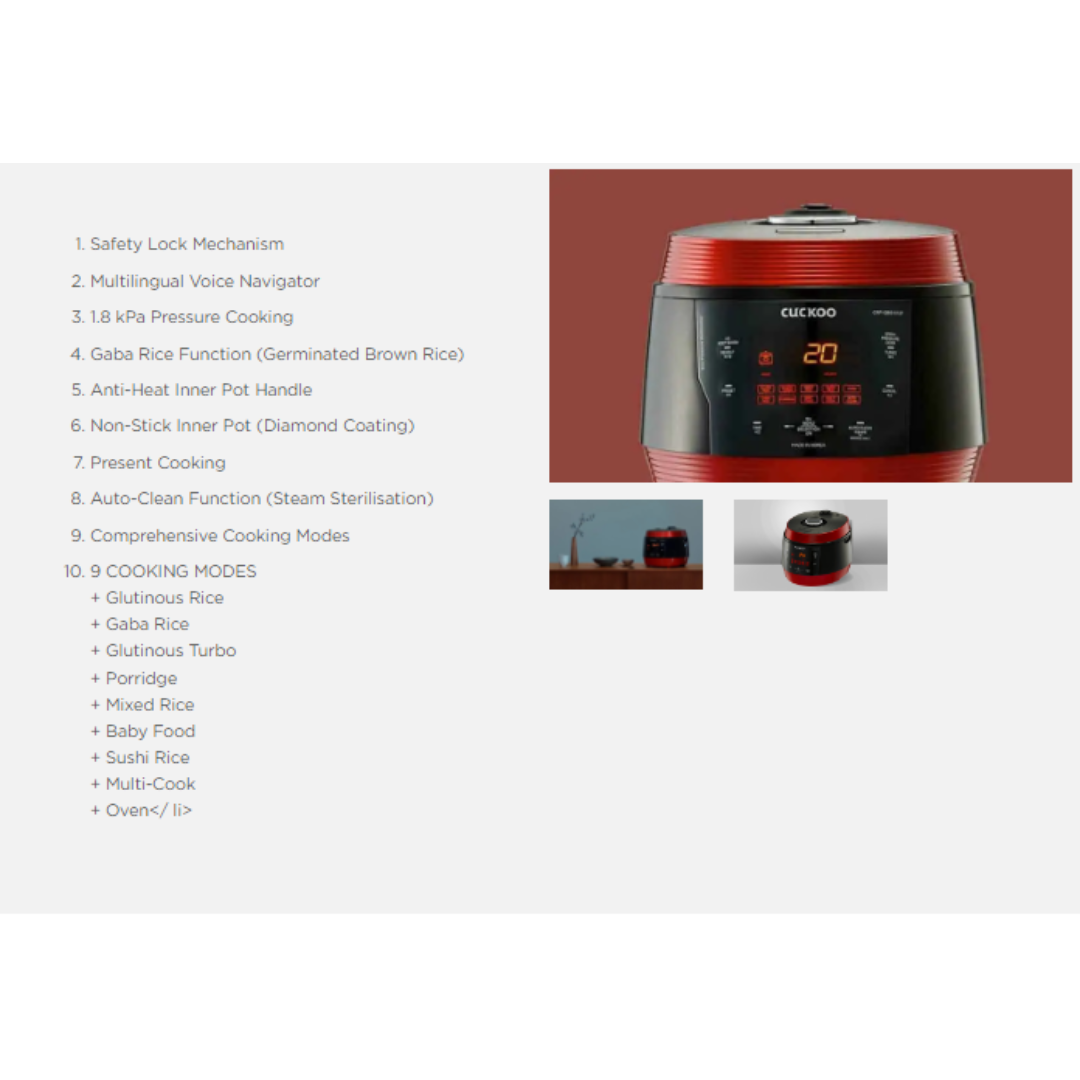 CUCKOO CRP-QBS1012F Q10 PRESSURE MULTICOOKER WITH 9 COOKING MODES ...
