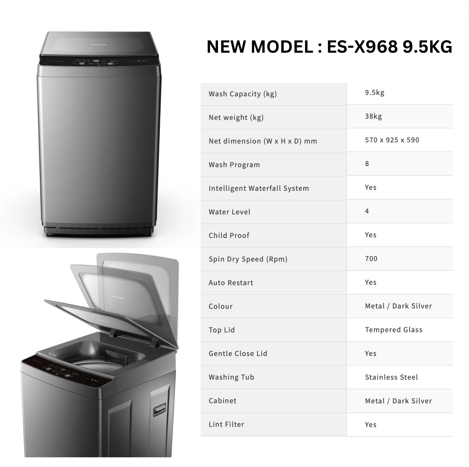 SHARP ES-X968 9.5KG TOP LOAD WASHING MACHINE