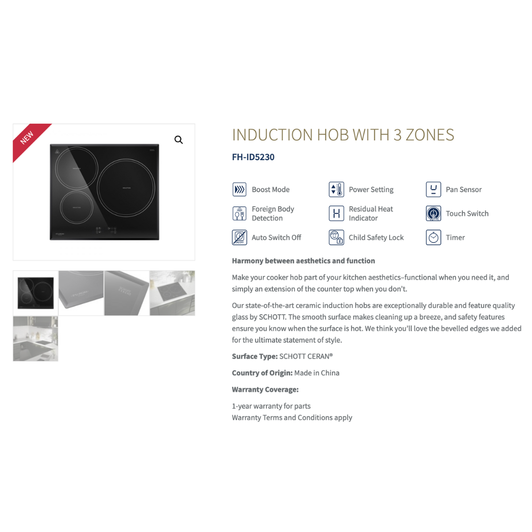 FUJIOH FH-ID5230 59CM 3 ZONE INDUCTION HOB WITH TOUCH CONTROL | Asia Excel
