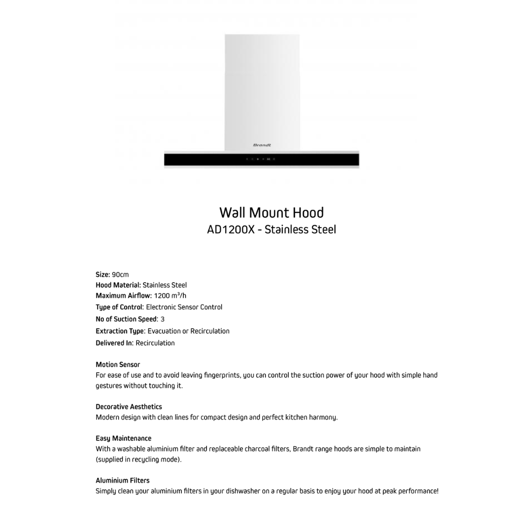 BRANDT AD1200X 90CM STAINLESS STEEL MOTION SENSOR CHIMNEY HOOD