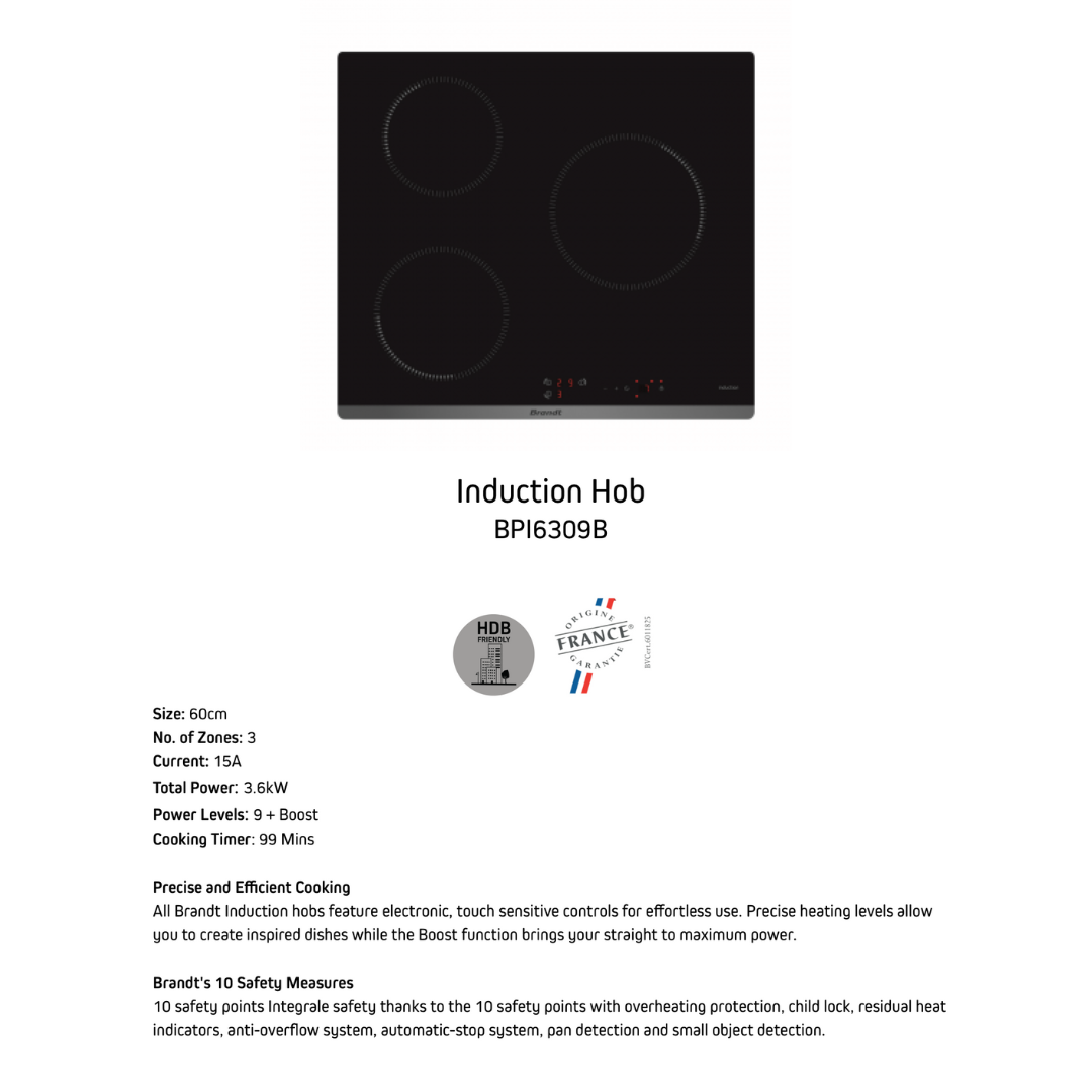 BRANDT BPI6309B 60CM 3 ZONE INDUCTION HOB