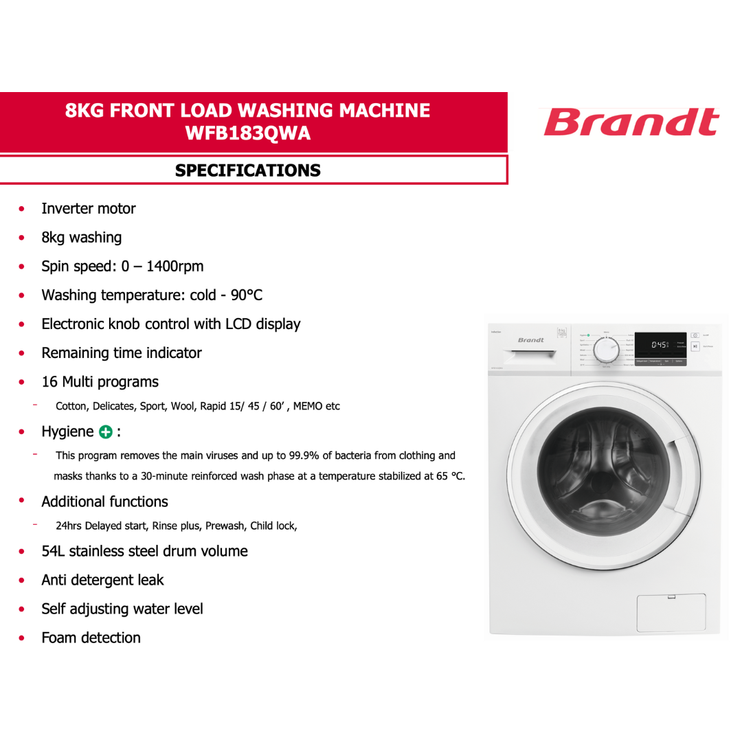 BRANDT WFB183QWA 8KG FRONT LOAD WASHING MACHINE