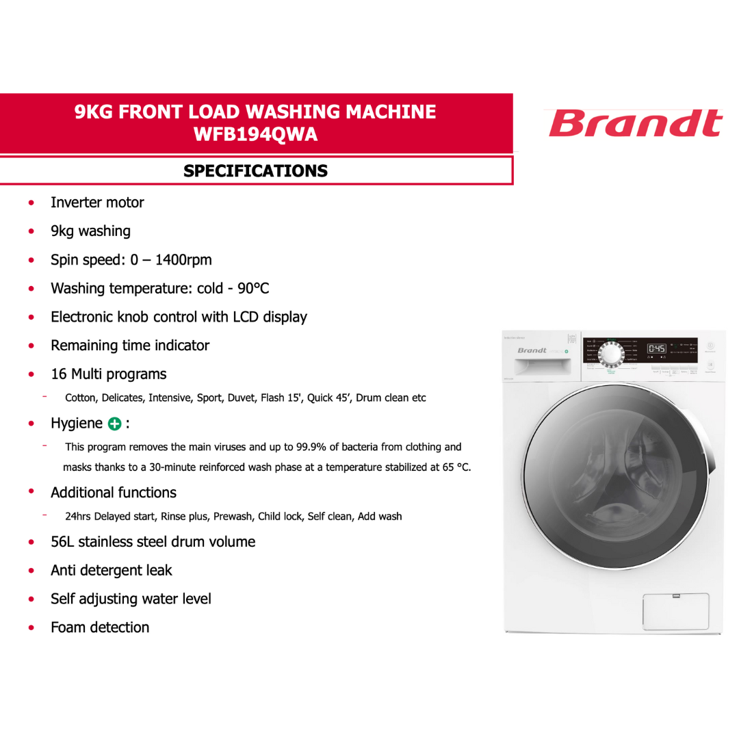 BRANDT WFB194QWA 9KG INVERTER WHITE FRONT LOAD WASHING MACHINE