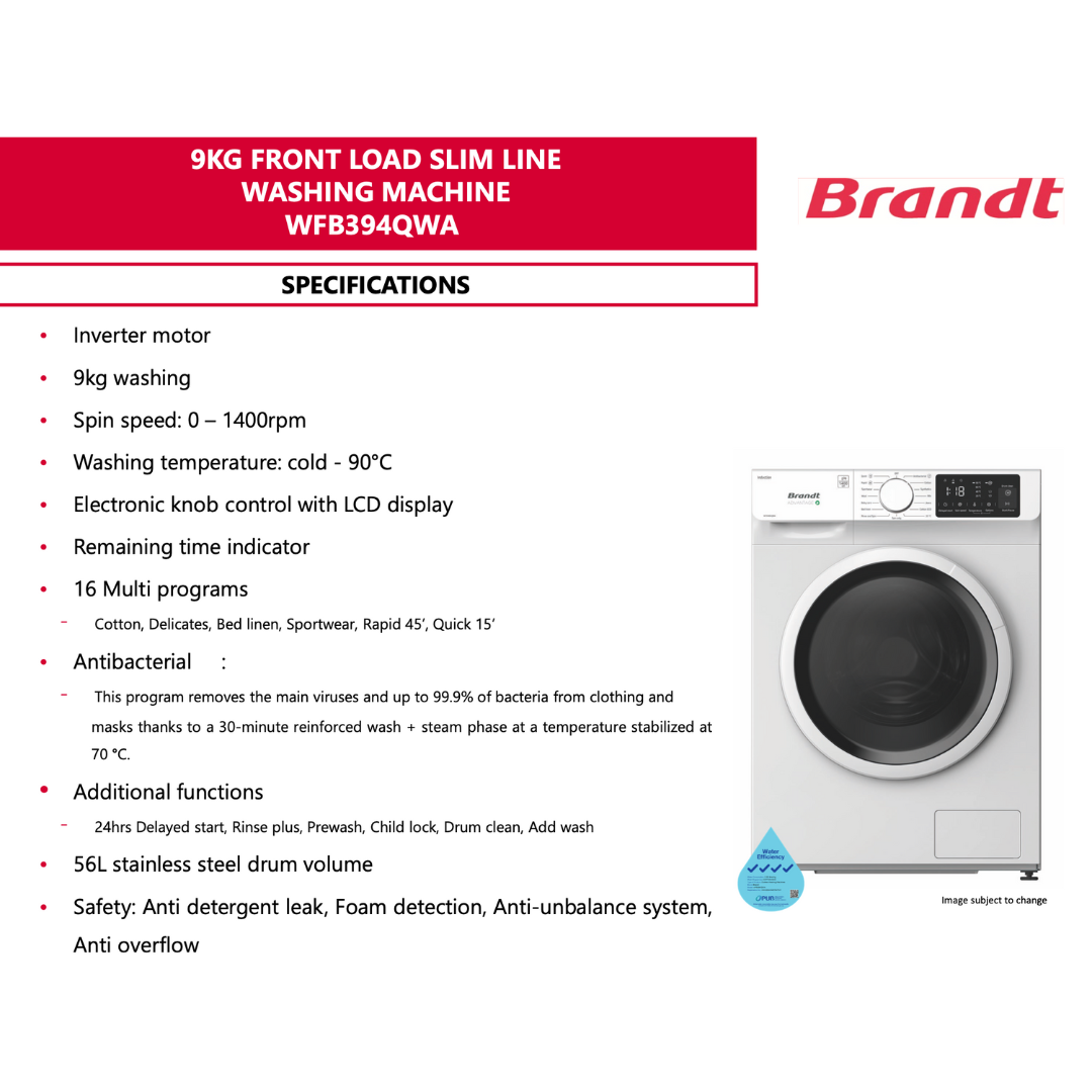 BRANDT WFB394QWA 9KG FRONT LOAD WASHING MACHINE