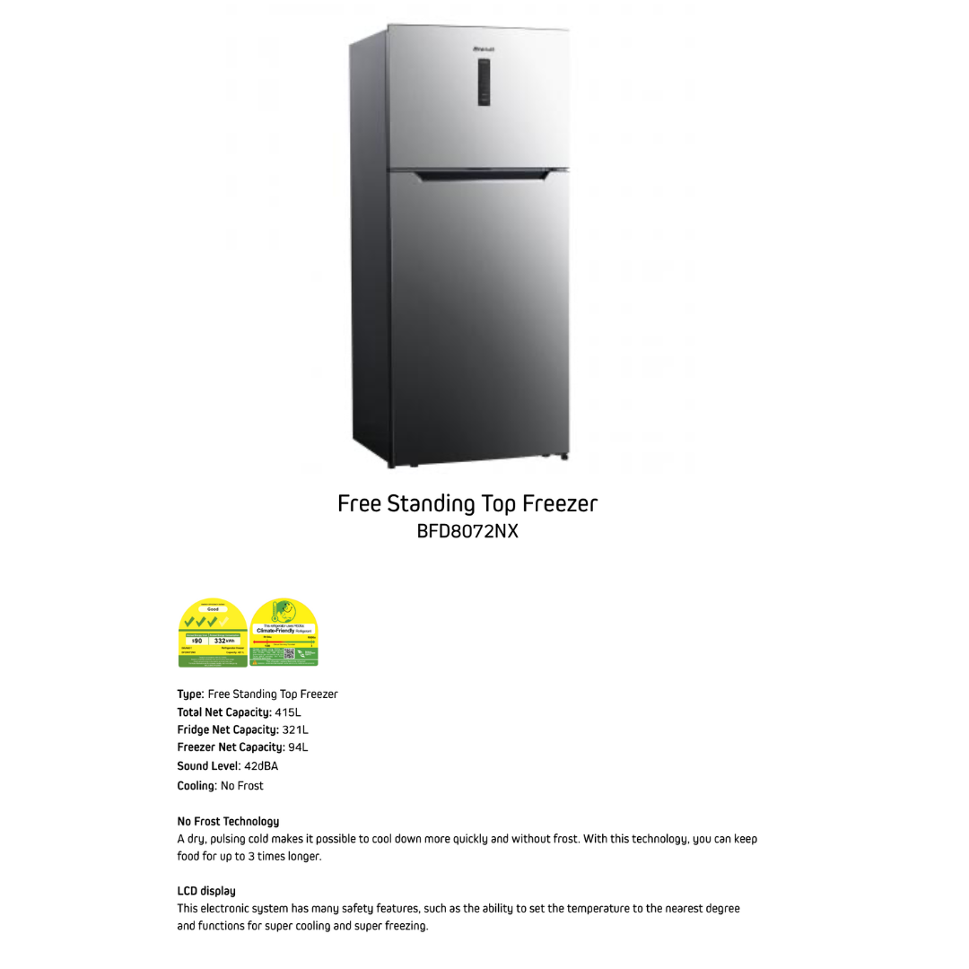 BRANDT BFD8072NX 415L FREE STANDING TOP FREEZER REFRIGERATOR