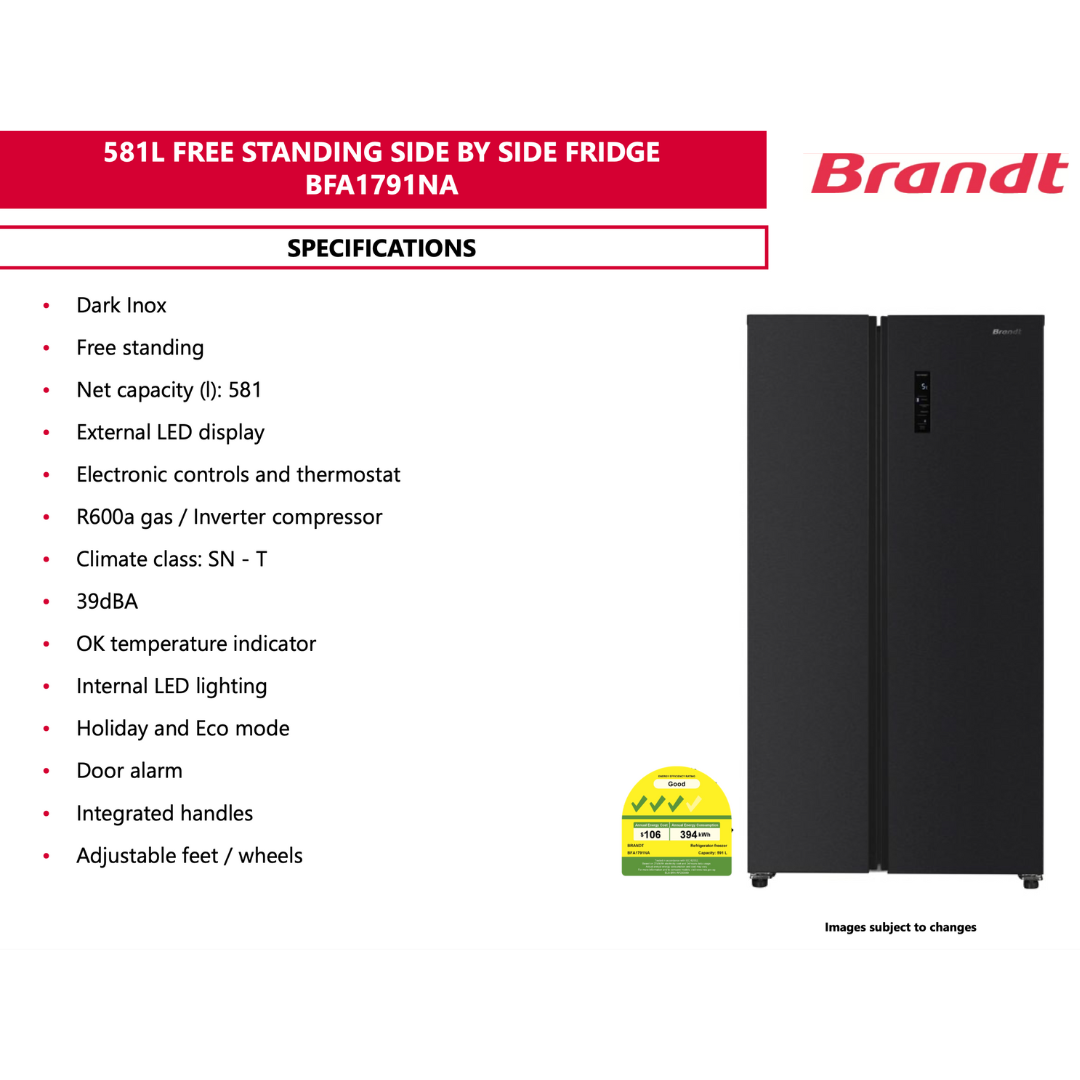 BRANDT BFA1791NA 581L DARK INOX FREE STANDING SIDE BY SIDE REFRIGERATOR