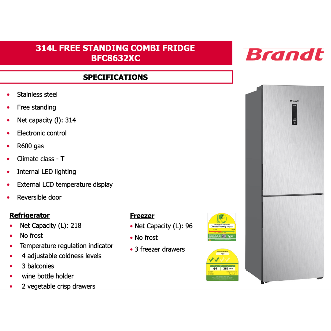 BRANDT BFC8632XC 314L FREE STANDING BOTTOM FREEZER REFRIGERATOR