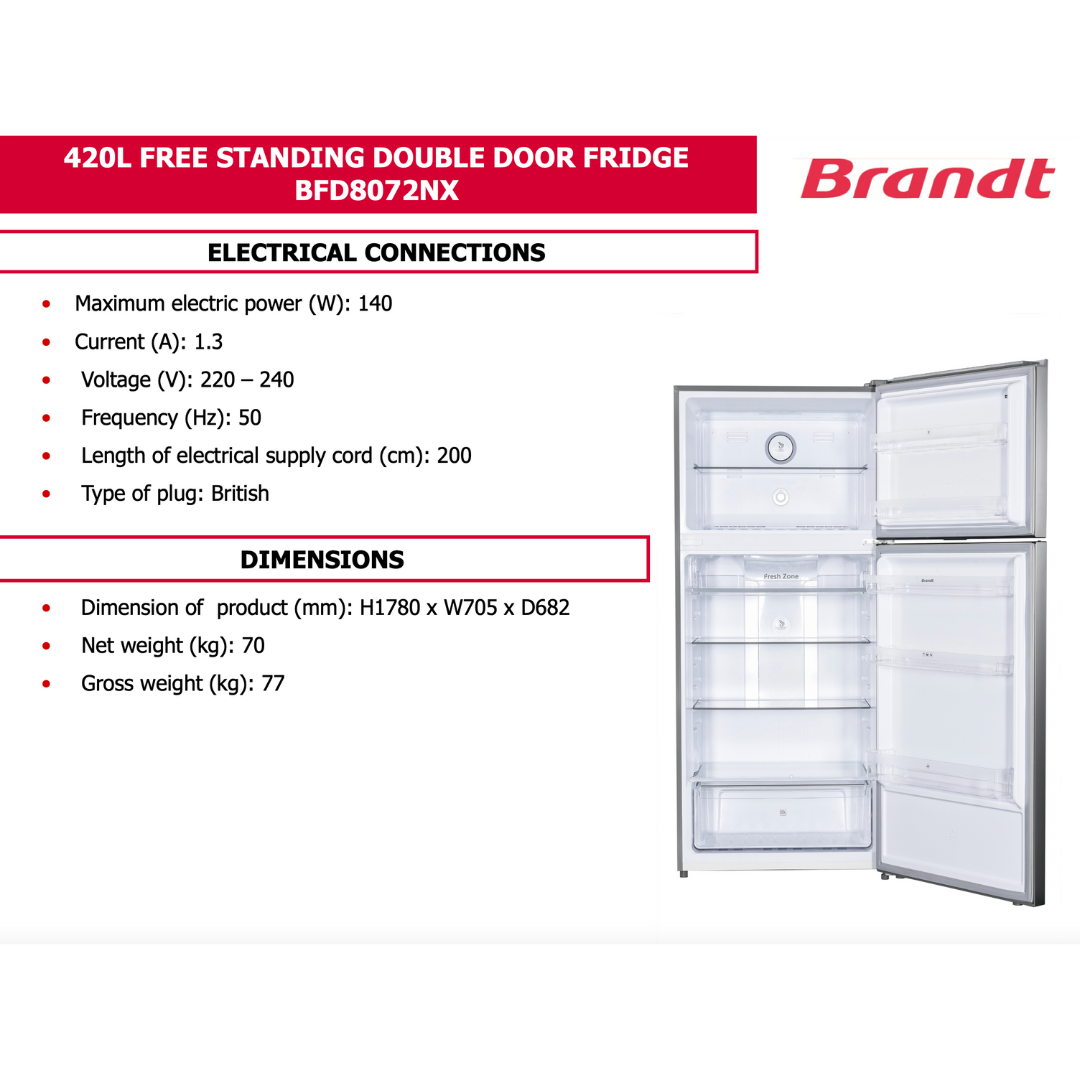 BRANDT BFD8072NX 415L FREE STANDING TOP FREEZER REFRIGERATOR