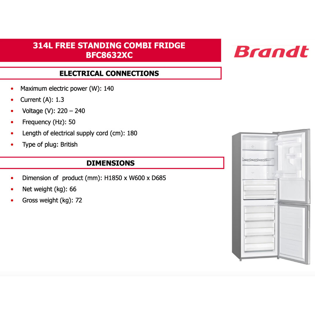 BRANDT BFC8632XC 314L FREE STANDING BOTTOM FREEZER REFRIGERATOR